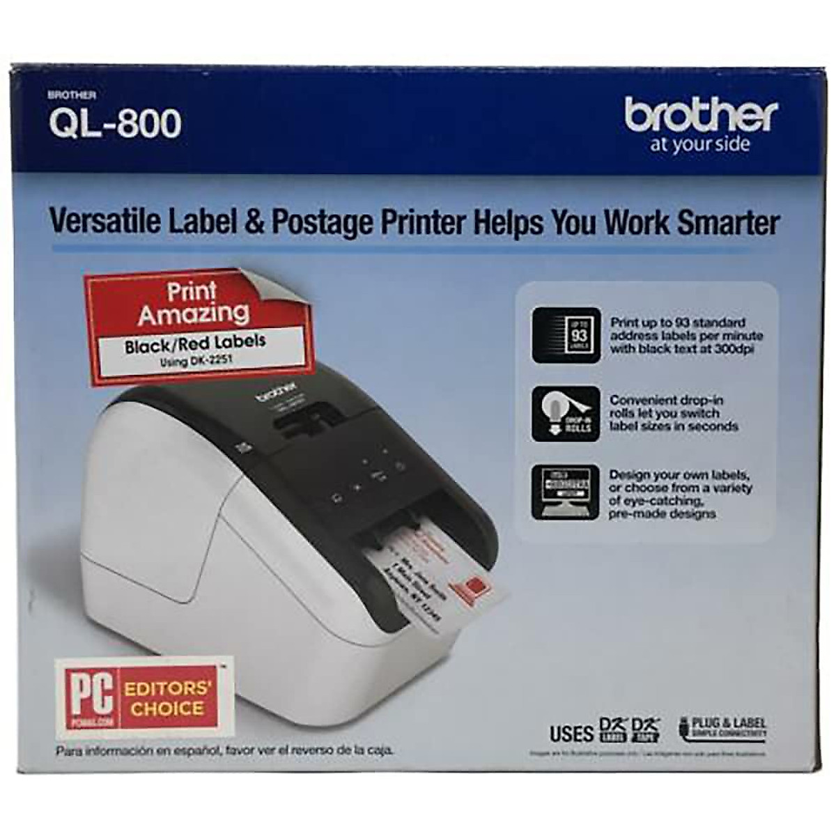 Brother QL-800 High-Speed Professional Label Printer - USB Connectivity, Black and Red Printing, 2.4" Wide, 300 x 300 dpi, 93 Labels Per Minute, Automatic Cutter, Postage and Barcode Printer