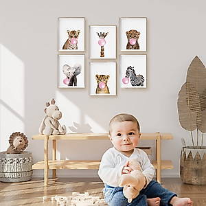 Designs by Maria Inc. Set of 6 UNFRAMED safari animal kids blowing pink bubblegum nursery decor | Cute animal pictures | Animal posters safari wall decor | Animal bubbles play room Wall Art (8"x10")