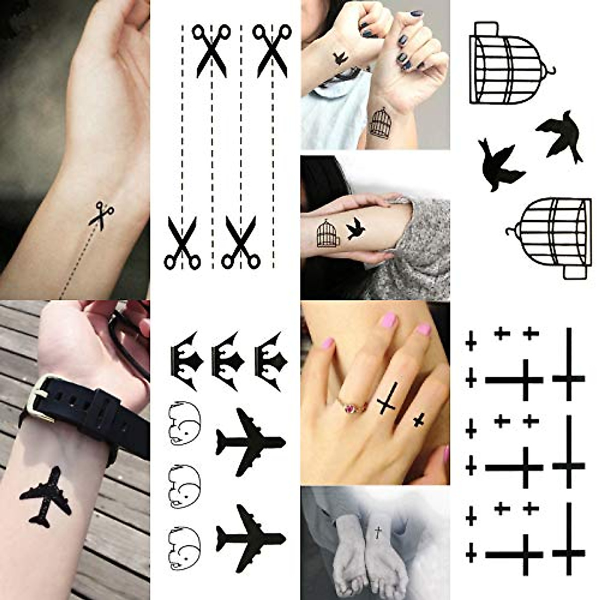 Oottati 30 Sheets Small Cute Temporary Tattoos Kit - Black Foot Print Camera Elephant Star Diamond Cross Bird Cat for Kids Women Men