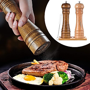 SZUAH Salt and Pepper Grinders, Oak Wooden Salt and Pepper Mills Shakers with Cleaning Brush & Wood Stand, Ceramic Rotor with Strong Adjustable Coarseness[Set of 2]
