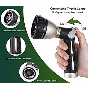FANHAO Garden Hose Nozzle 100% Heavy Duty Metal, Water Hose Sprayer High Pressure with 8 Spray Patterns, Thumb Control, On Off Valve for Garden Watering, Car and Pet Washing