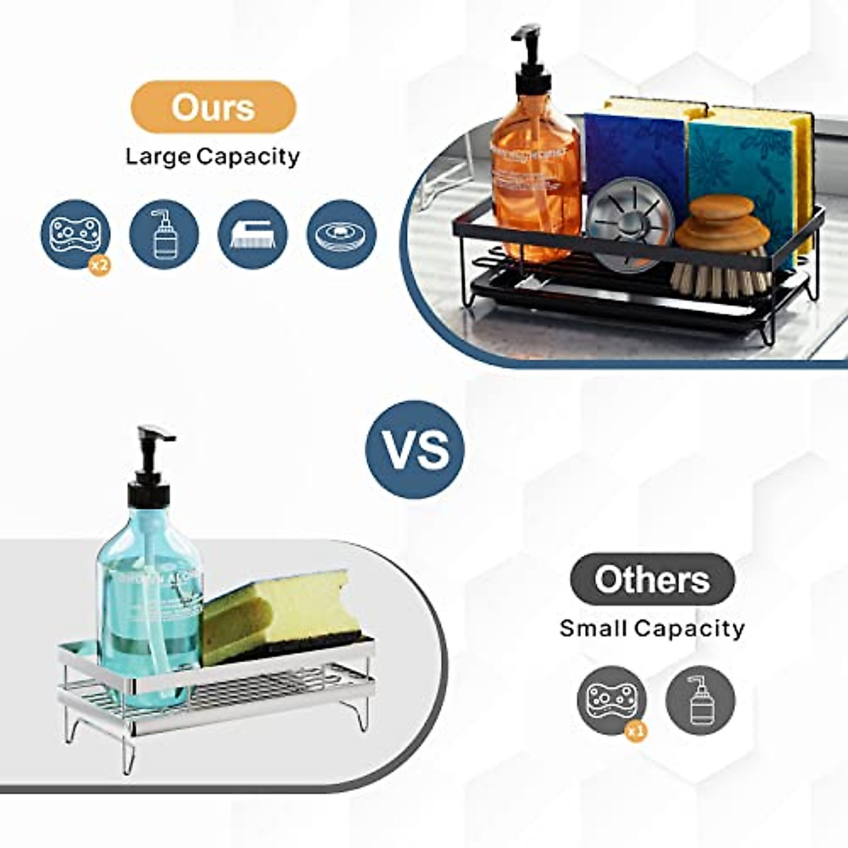 iSPECLE Kitchen Sink Caddy Sponge Holder Kitchen Sink Caddy Organizer, Brush Holder Drainer with Removable Drain Tray, Dish Soap and Sponge Holder Storage Kitchen Accessories, Black