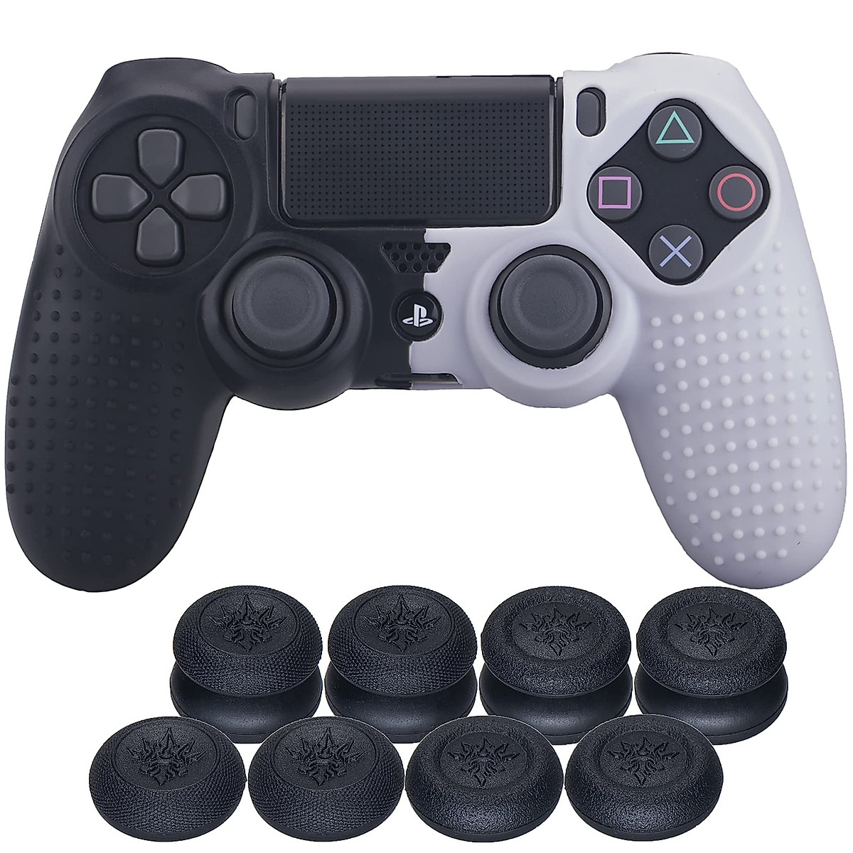 YoRHa Studded Dots Silicone Rubber Gel Customizing Cover for Sony PS4/slim/Pro Dualshock 4 Controller x 1(Black&White) with Pro Thumb Grips x 8
