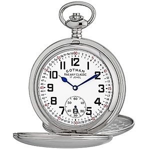 Gotham Men's Silver-Tone Railroad Dial Double Hunter 17 Jewel Mechanical Pocket Watch # GWC18806S