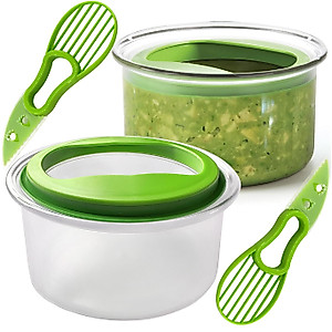 Kreapa Guacamole keeper (2park) guacamole bowls avocado keeper Fresh Guacamole Plastic Kitchen Storage Container with Air Tight Lid, 3-in-1 Avocado Slicer avocado tool 2pcs