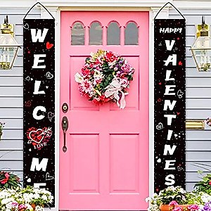 Whaline Valentines Porch Sign, Welcome and Happy Valentines Day Hanging Banners for Holiday Home Indoor Outdoor Porch Wall Valentine's Day Decoration (Black)