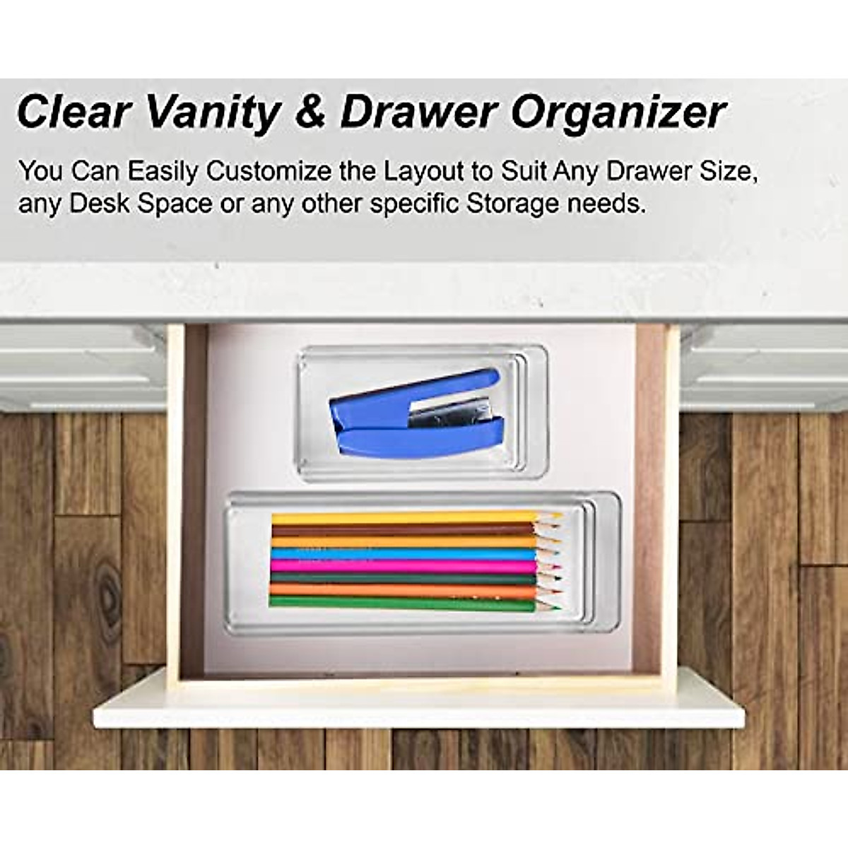 LilGift ARAD 2 Pieces Clear Vanity & Drawer Organizer, Acrylic Organizer, Drawer Divider, Makeup Bathroom Organizer, Kitchen Utensils