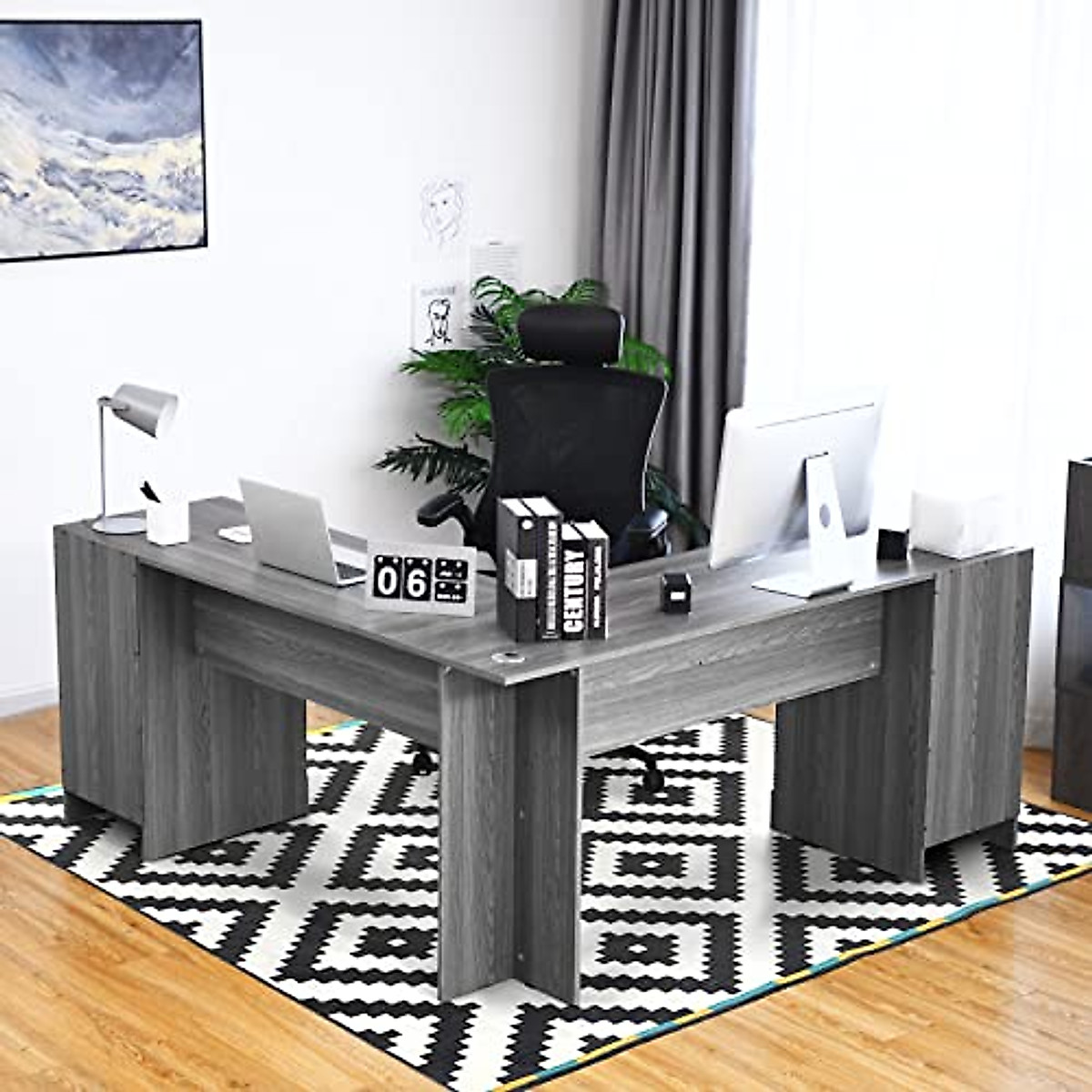 Tangkula 66" × 66" L-Shaped Desk, Corner Computer Desk with Drawers Keyboard Tray and Storage Cabinet, Home Office Desk, Sturdy and Space-Saving Computer Workstation