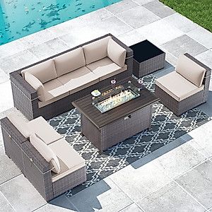 Gotland 8 Piece Outdoor Patio Furniture Set with Gas Fire Pit Table, Sectional Sofa w/43in Propane Fire Pit, 55,000 BTU Auto-Ignition Firepit w/Glass Wind Guard