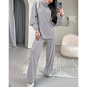 KIRUNDO Track Suits For Women Set Lounge Set Casual Long Sleeve Knitted Tops Long Pants Sweat Set Trendy Fall Clothes Casual Outfits(Grey, Small)
