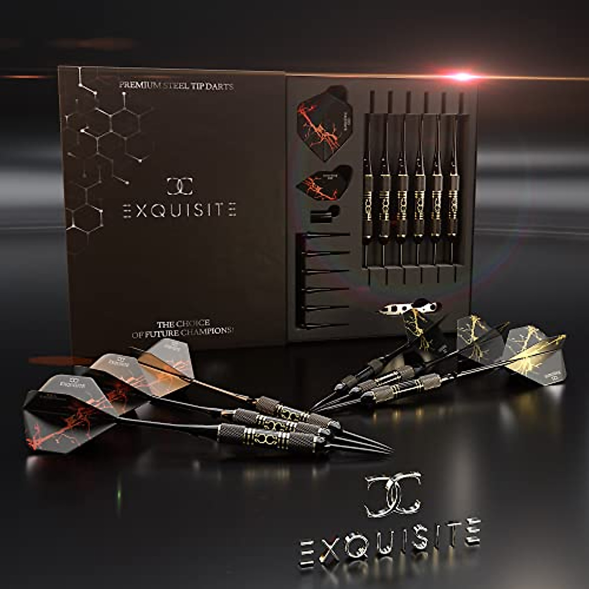 CC-Exquisite Professional Steel Tip Darts Set - 6 x 22g Brass Barrels with 12 Flights Standard/Slim, 12 Aluminum Shafts 35/48mm, 12 O-Rings, Dart Tool, Dart Sharpener and Case (Black & Gold)