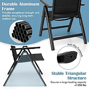 Tangkula Patio Folding Chair Set of 4, Outdoor Dining Chairs with Soft Padded Seat, 7-Position Adjustable Backrest, Armrests, Portable Sling Reclining Chairs for Porch Pool Backyard Camping (4, Black)