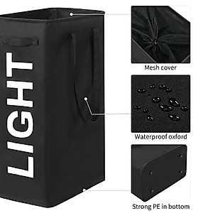 WOWLIVE Double 65L Slim Laundry Hamper 2 Pack Tall Thin Laundry Basket with Extended Handles Dark and Lights Separator Narrow Dirty Clothes Hamper Collapsible Laundry Organizer for Dorm Room (Black)