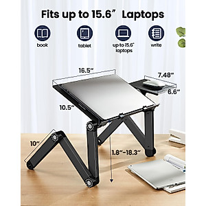 HUANUO Adjustable Laptop Stand, Laptop Desk for up to 15.6" Laptops, Portable Laptop Table Stand with 2 CPU Fans, Detachable Mouse Pad, Ergonomic Lap Desk for Laptop, TV Bed Tray, Standing Desk