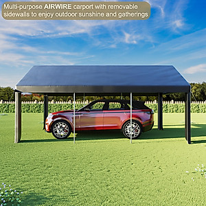 AirWire Carport 12' x 20' Heavy Duty Portable Garage, Carport Canopy with Side-Opening Door & Roll-Up Windows, Car Canopy Reinforced Four-Hole Base for Car, Truck, Boat, Party, Black