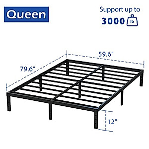 Maenizi 12 Inch Bed Frame Queen Size No Box Spring Needed, Heavy Duty Queen Platform Metal Bed Frame Support Up to 3000 lbs, Easy Assembly, Noise Free, Black
