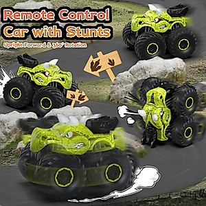 ScharkSpark Dinosaur Remote Control Car, 2.4GHz Monster Trucks for Boys Girls with Light, Sound & Spray, Dinosaur Toys Gift for Kids 3 4 5 6 7 8, All Terrain RC Cars for Toddlers with 2 Batteries