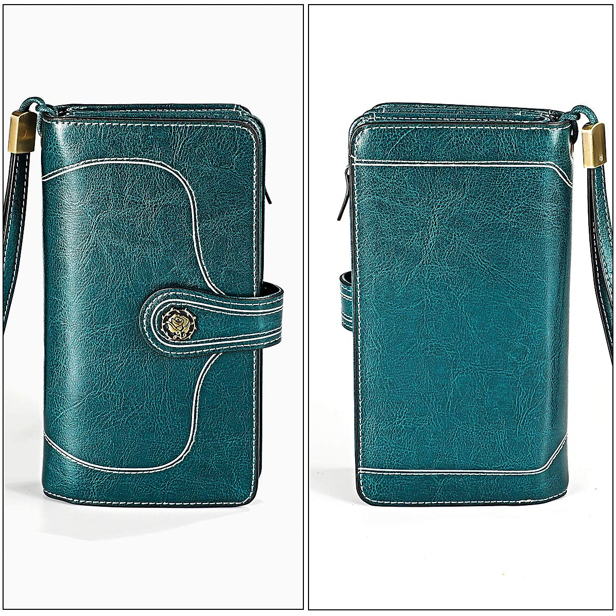 Behaniu Womens Multi Card slots Geniune Leather Wallet with Zipper Pocket Large Capacity RFID Blocking Credit Card Holder for Women (Peafowl Blue), Medium