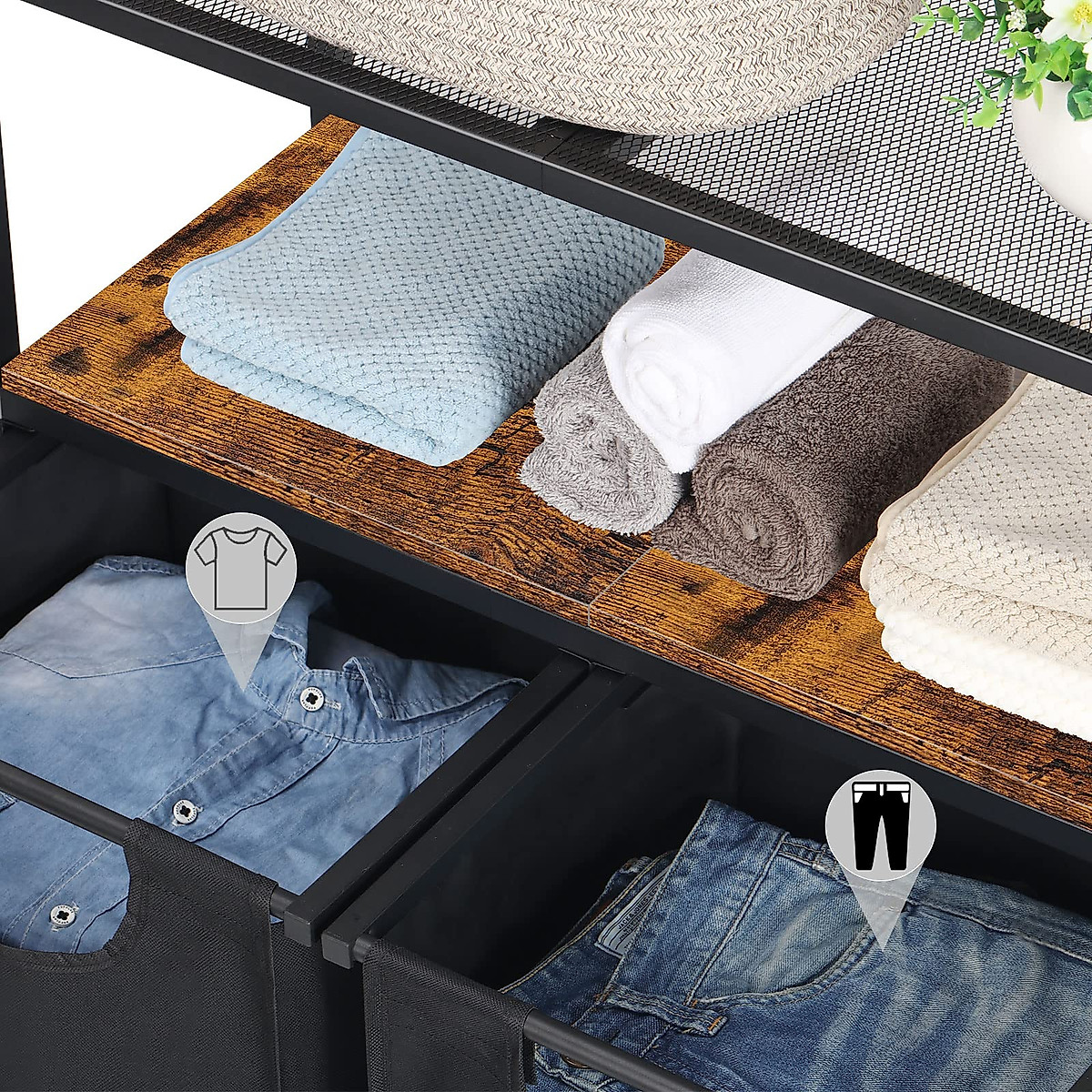 Double Laundry Hamper, Laundry Sorter 2 Section with Shelf Laundry Basket Organizer with Wheels Dirty Clothes Hampers with 2 Pull-Out and Removable Bags Clothes Hampers for Laundry Room, Rustic Brown