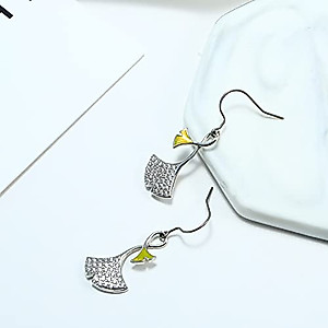 Ginkgo Leaf Earrings Hypoallergenic Titanium Dangle Earrings For Women, Sparkly Cubic Zirconia Enamel Drop Earrings Lightweight Handmade, Pure Titanium Earrings Hooks for Sensitive Ear