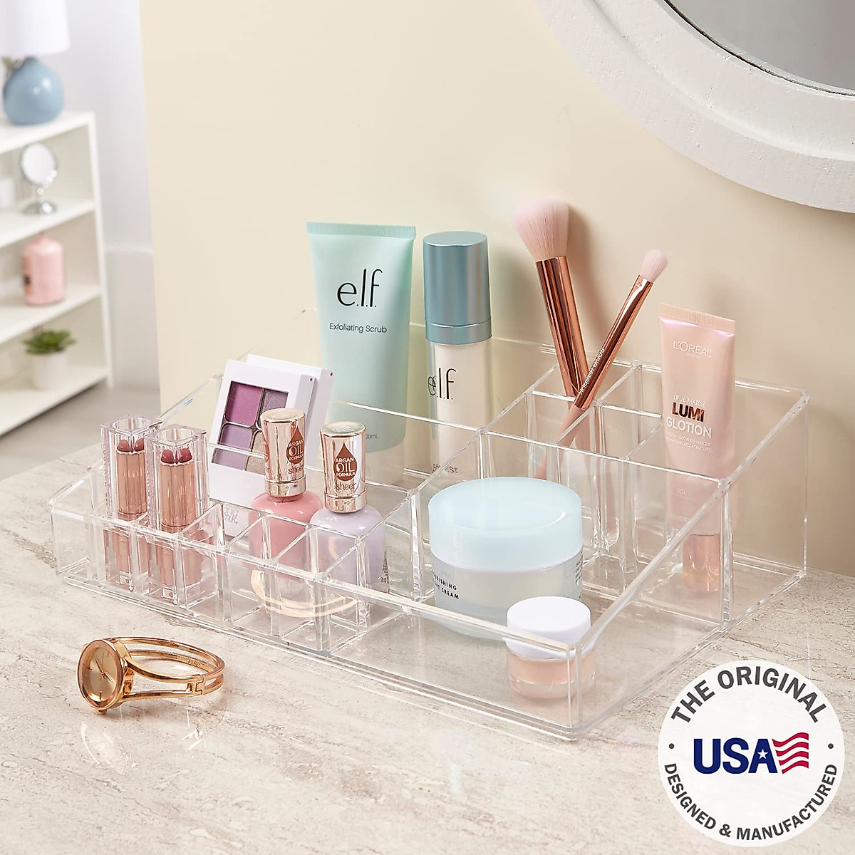 STORi Audrey Clear Vanity Makeup Organizer | 15-Compartment Holder for Brushes, Eyeshadow Palettes, & Beauty Supplies | Stacks on Audrey Storage Drawers | Made in USA