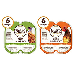 NUTRO Grain Free* Natural Wet Cat Food Cuts in Gravy Turkey Recipe and Chicken Recipe Variety Pack, PERFECT PORTIONS Twin-Pack Trays- 1.32 Ounce (Pack of 24)