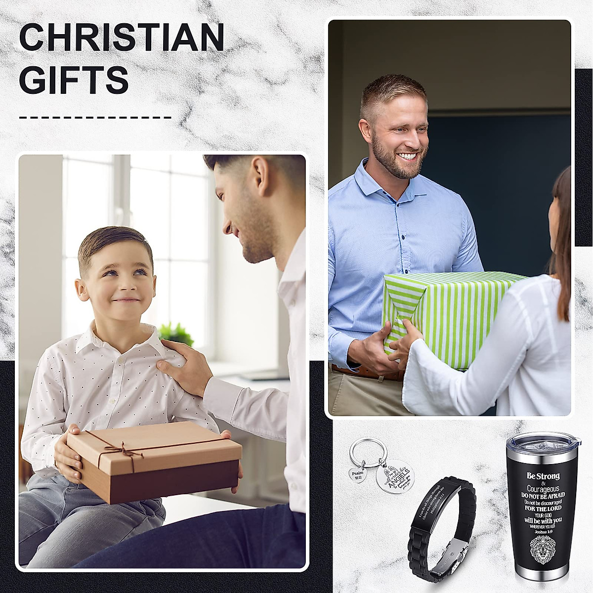 3 Pcs Christian Gifts for Men, Encouraging Gifts for Men Including Christian Keychain, 20 oz Travel Bible Verse Tumbler Mug with Slider Lid, Christian Bracelets, Inspiration Religious Gift for Men Boy