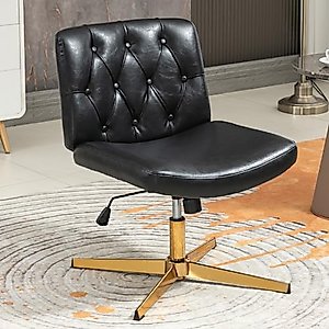 TURRIDU Home Office Armless Swivel Chair, Criss Cross Golden Legs No Wheels PU Leather Wide Seat Mid Back Aesthetic Chair for Living Room Bedroom Vanity Makeup Reading Computer Desk Task, Black