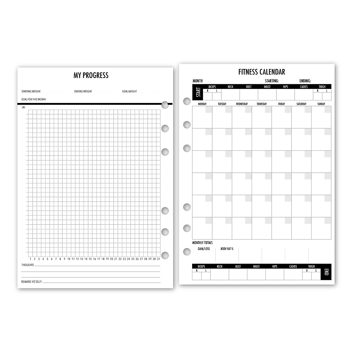 A5 Fitness Calendar Refill Insert, 5.83″ x 8.27″, Fits 6-Rings Binders - Filofax, LV GM, Moterm, Choice of Quantity