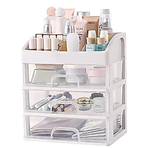 Nenozi Cosmetic Storage Box, White, 3 Large Drawers, 6 Top Compartments, PP Plastic, 11 x 7 x 5.5 in