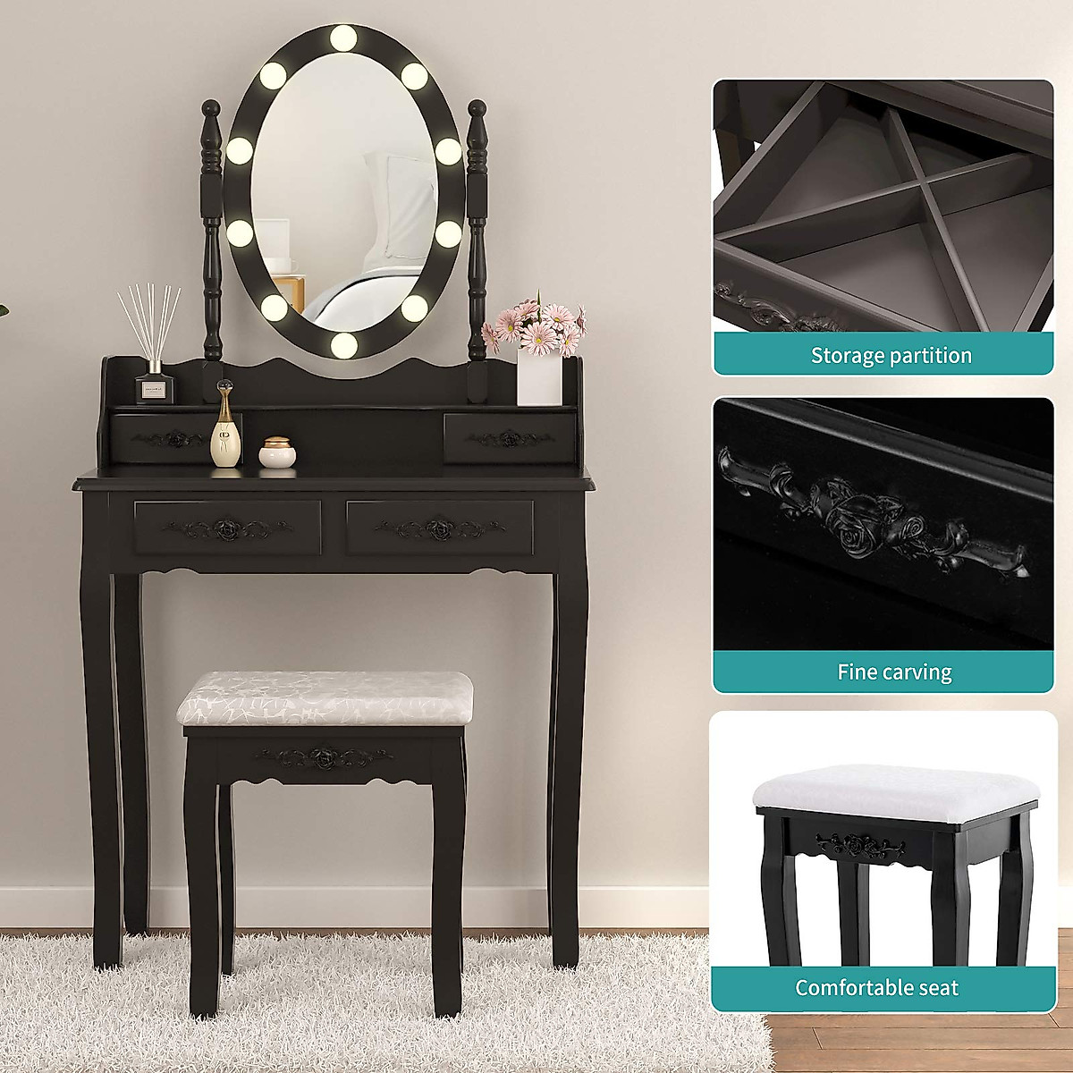 Alohappy Vanity Desk Set with Lighted Mirror, Black Makeup Dressing Table Desk with Mirror & Lights, Padded Stool, 4 Drawers Storage & Easy Assembly for Bedroom, Bathroom