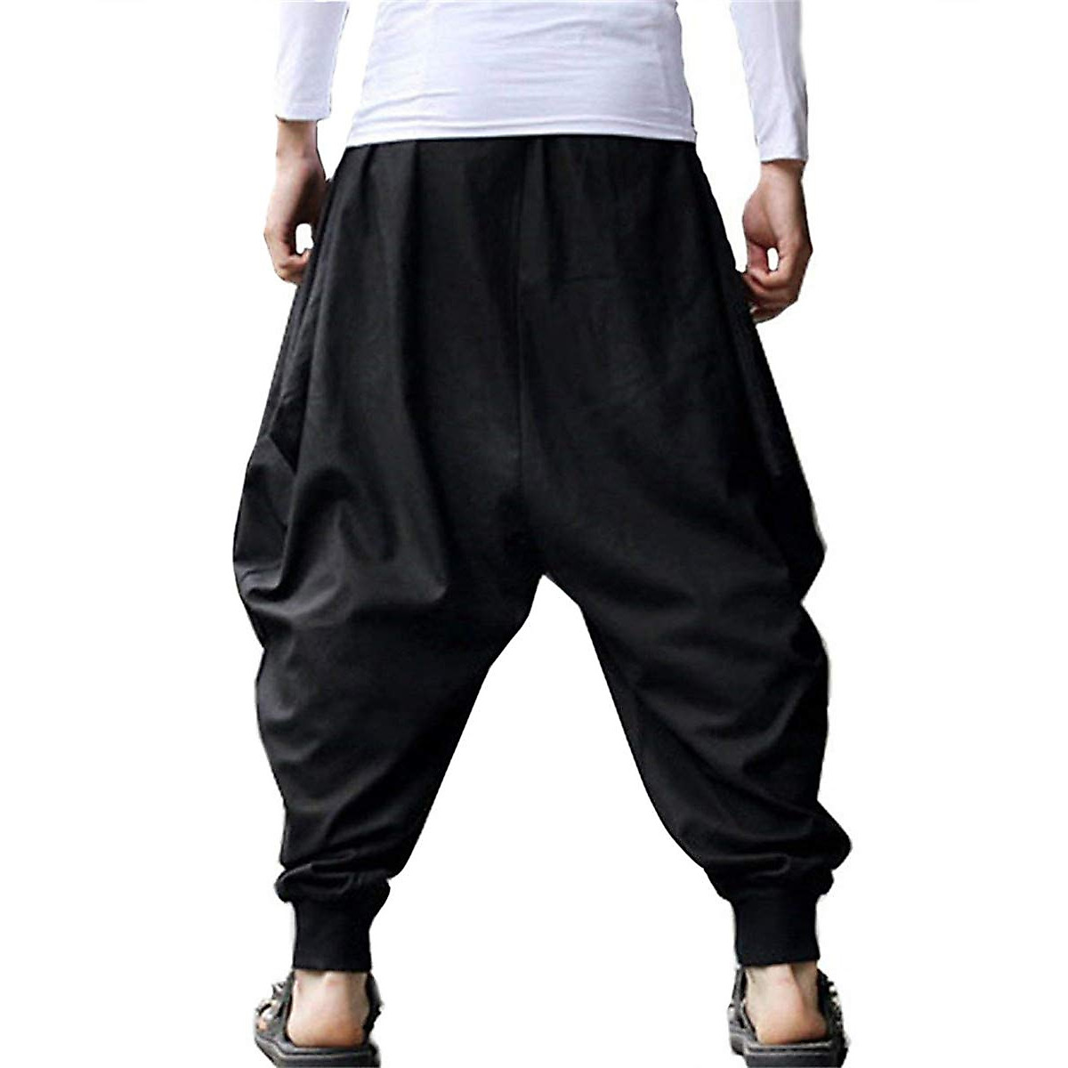 AITFINEISM Men's Drawstring Aladdin Hippie Harem Pants Loose Drop Crotch Trousers (Medium, Black-2)