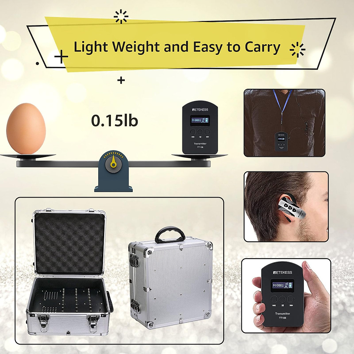 Retekess TT106 Church Translation System, Portable Wireless Tour Guide System, Easy to Clean, Clear Sound Quality, Interpretation System for Churches,Factory (Case of 1 Transmitter and 15 Receivers)