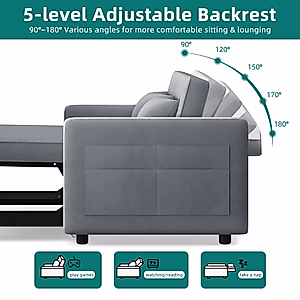 YITAHOME 55" Convertible Sofa Bed, 3-in-1 Sleeper Sofa with Pull-Out Bed, Velvet Futon Couch with Reclining Backrest and Side Pocket, Modern Loveseat for Living Room, Grey, Full Size