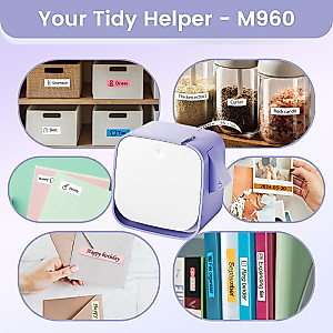 Vixic Label Maker Machine, Bluetooth Labeler, Inkless & Portable Min Label Maker, 12mm 0.47'' Labeling Tapes, Easy to Use, Multiple Icons for Home School Organizing, Rechargeable, M960 Purple