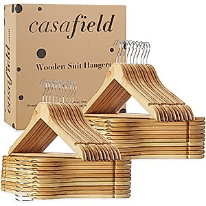 Casafield - 40 Natural Wooden Suit Hangers - Premium Lotus Wood with Notches & Chrome Swivel Hook for Dress Clothes, Coats, Jackets, Pants, Shirts, Skirts
