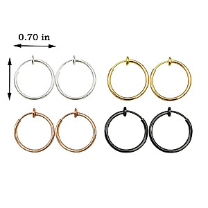 LAXPICOL Clip On Earrings Gold Silver Black Rose Gold 4PCS 0.70IN(18mm) Stainless Hoop Earrings Clip On Earrings for Women No Piercing