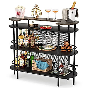 Tribesigns Bar Unit for Liquor, 4 Tier Bar Table with Storage Shelves and Foot Rail, Corner Mini Bar Cabinet with Wine Glasses Holder for Home/Kitchen/Bar/Pub, Black and Walnut