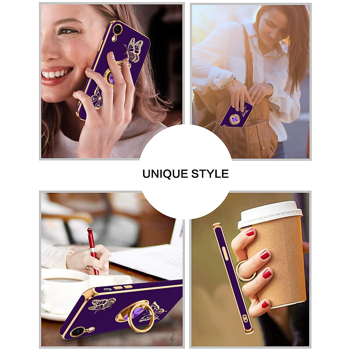 BENTOBEN iPhone XR Case, Phone Case iPhone XR 6.1, Slim Fit Gold Butterfly Design Kickstand Ring Holder Shockproof Protection Soft TPU Bumper Drop Protective Girl Women Boy iPhoneXR Cover, Deep Purple