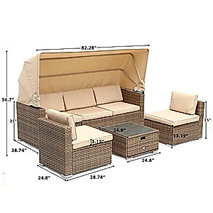 YITAHOME Patio Wicker Sofa Daybed Furniture Set with Retractable Canopy, Storable Side Table Outdoor Lounger with Soft Cushions for Backyard Porch (Light Brown + Beige)