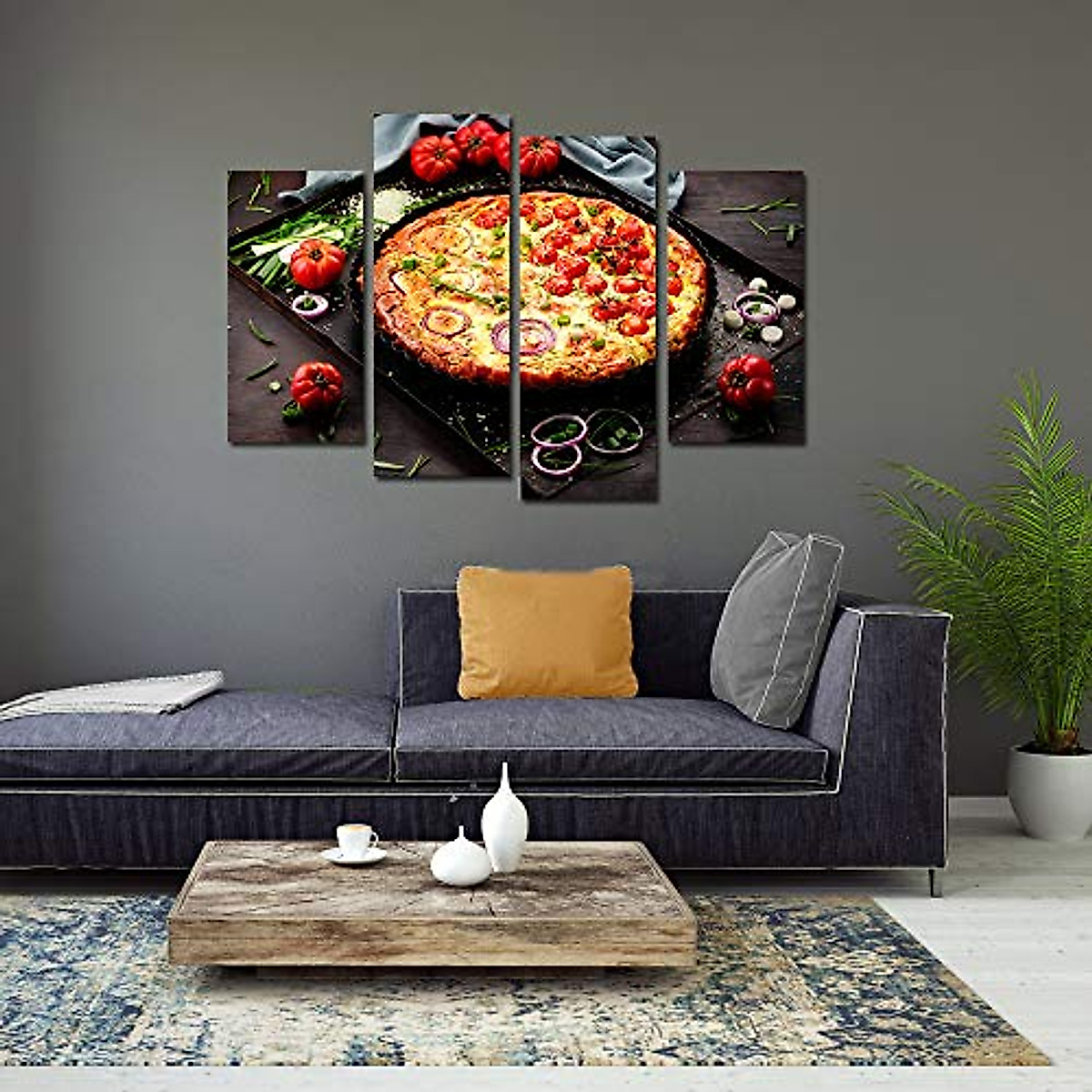iKNOW FOTO Canvas Prints Wall Art 4 Panel Delicious Italian Pizza Served on Wooden Table Food Pictures Modern Home Decor Stretched Gallery Canvas Wraps Giclee Print for Kitchen Dinning Room Restaurant