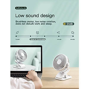 MISSUE Clip On Desk Fan, Baby Safe Stroller Fan, USB & Battery Operated Fan with 3 Speed for Men, Women, 3000 mAh Rechargeable Battery Include