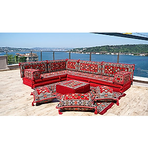 8" Thicknesse L Shaped Floor Couch, Arabic Sofa Seating, Floor Pillow, Corner Floor Couch, Sectional Sofa Set, Patio Furniture, Arabic Majlis (L Sofa + Rug + Poufs)