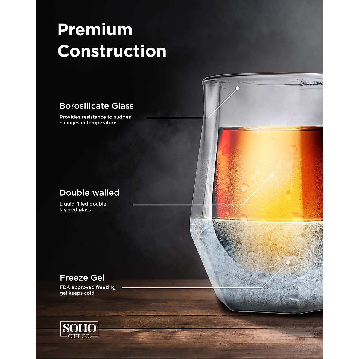 Unique Whiskey Gift for Men, Freezer Chiller Glass (Double Wall) Freezable 7oz Scotch n' Bourbon Ice Cup, Gift for Christmas/Birthday (Gift Boxed)