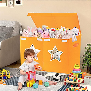 Large Toy Box Chest,Collapsible Sturdy Storage Bins with Lids,Large Kids Toy Storage Organizer Boxes Baskets for Kids,Boys,Girls,Toddler,Nursery Room,Playroom(Orange Star)