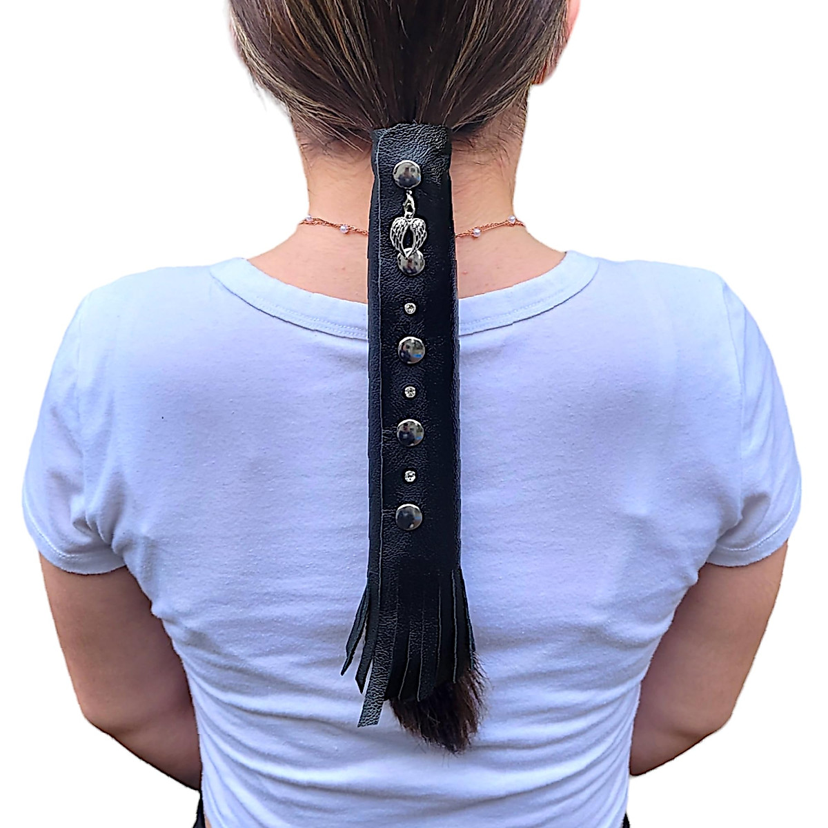 Black Leather Hair Wrap 8" Inch - Ponytail Wrap & Long Hair Protector for Biker Helmet | Motorcycle Accessories for Women with Fringe | Made in USA | Accessory