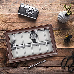 LIANTRAL Watch Box, 12-Slot Leather Watch Case Organizer Watch Holder for Men, Glass Top (Brown)