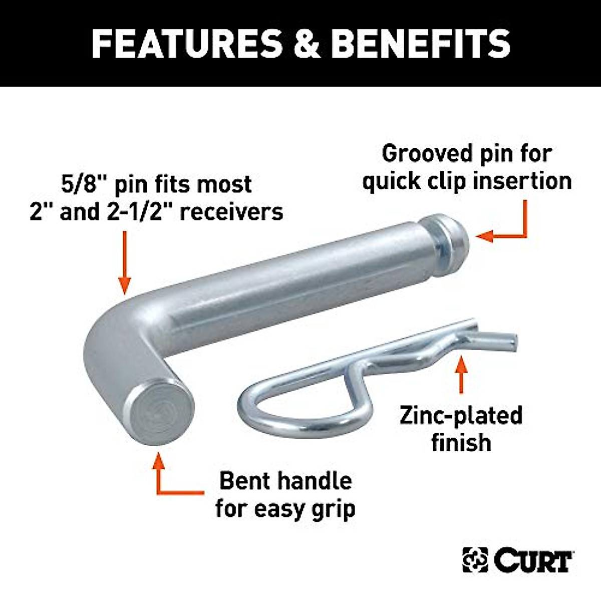 CURT 21582 Trailer Hitch Pin & Clip with Grooved Head, 5/8-Inch Diameter, Fits 2 or 2-1/2-Inch Receiver, Clear ZINC