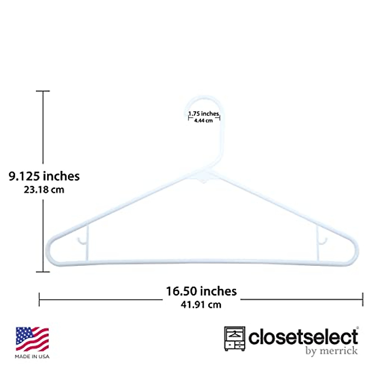 60 Pack White Plastic Hangers Made in USA with Bar Hooks, for All Clothing Types, Closet Organizer, 60 Pk Lightweight Standard Tubular Hanger Notch Less for Organizing