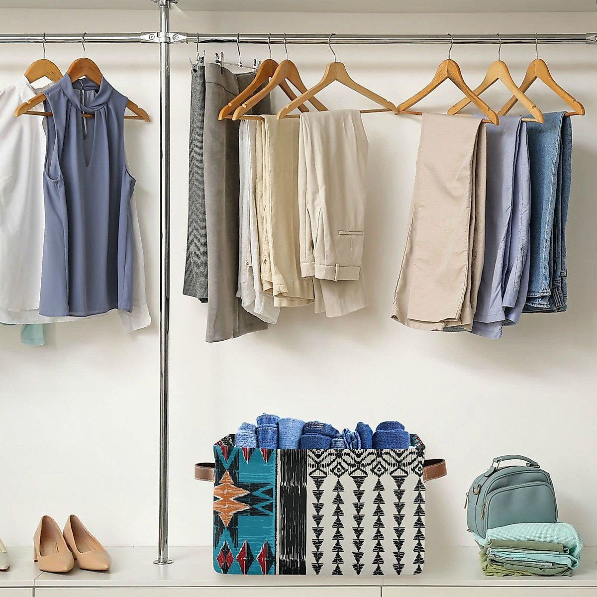 Large Foldable Storage Basket American Indian Aztec Geometric Pattern Storage Bin Canvas Toys Box Fabric Decorative Collapsible Organizer Bag with Handles for Bedroom Home